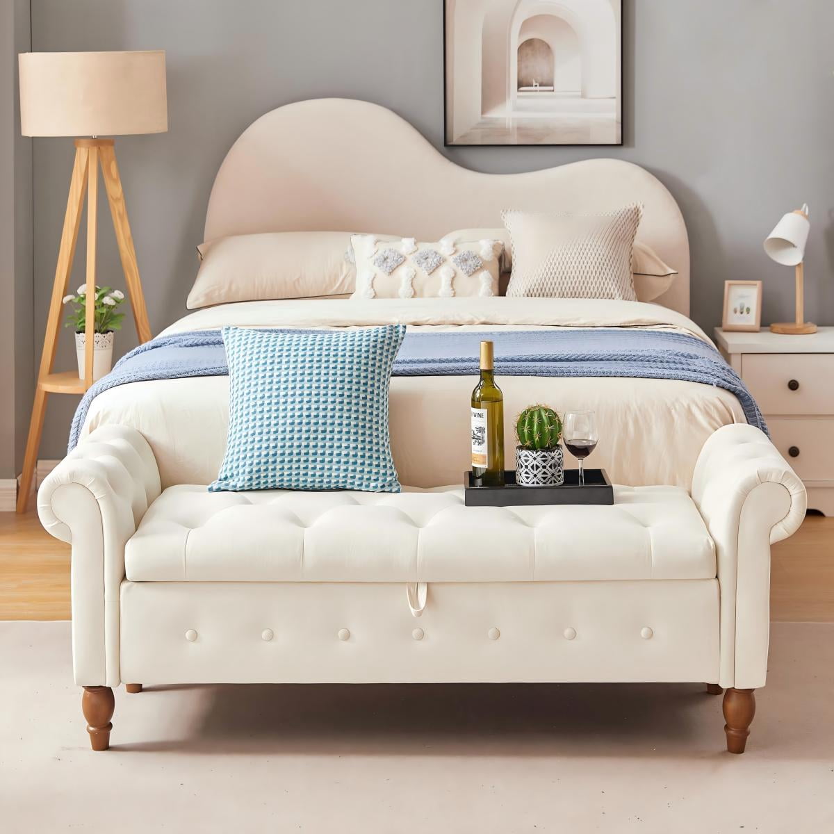 Beige, Solid Wood Legs, Velvet Bedroom End of Bed Storage Bench, Rolled ...