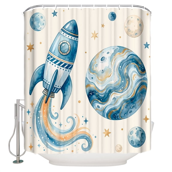 Beige Space Rocket Bathroom Shower Curtains with 12 Hooks Polyester ...