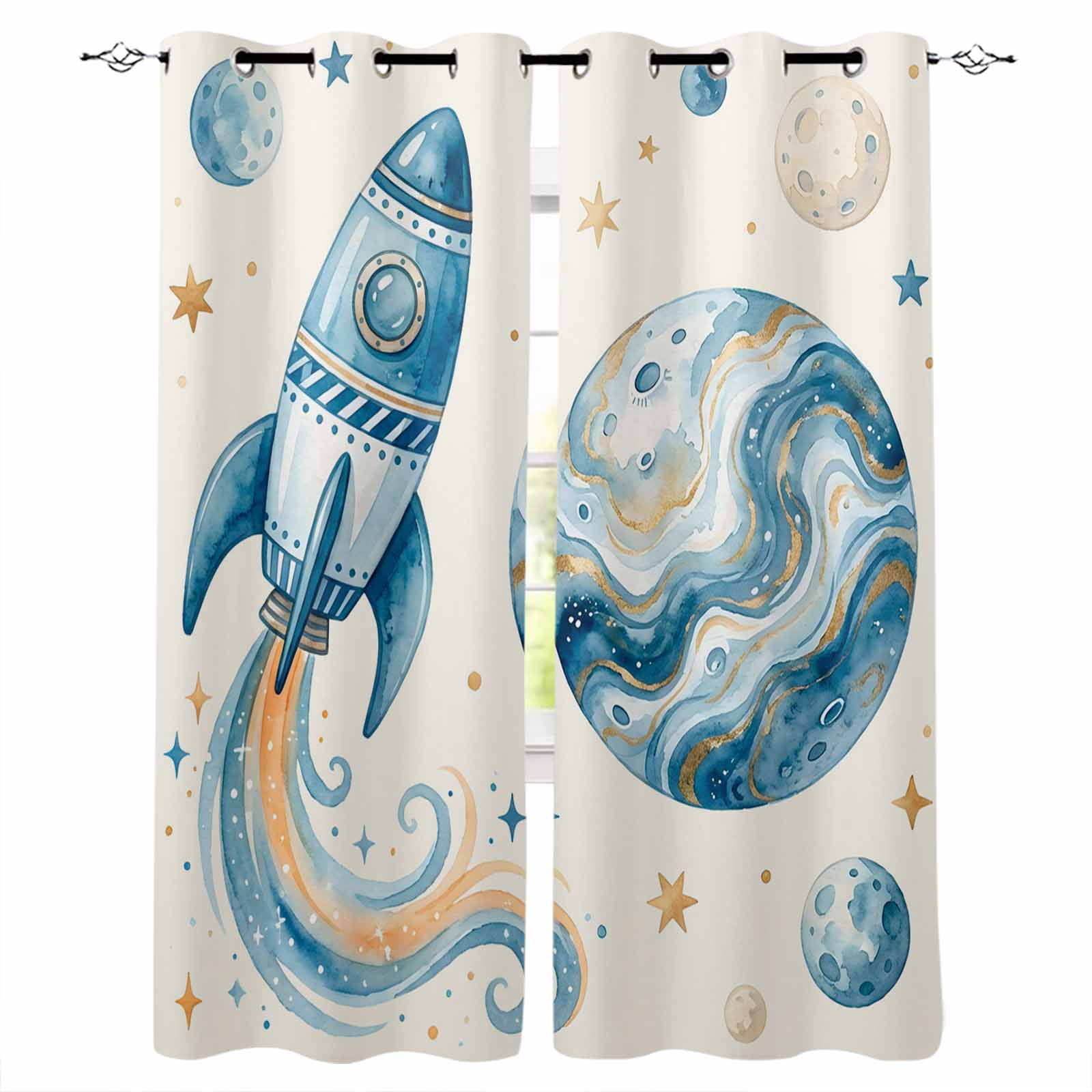 Beige Space Rocket Blackout Curtains for Bedroom Living Room Darkening ...