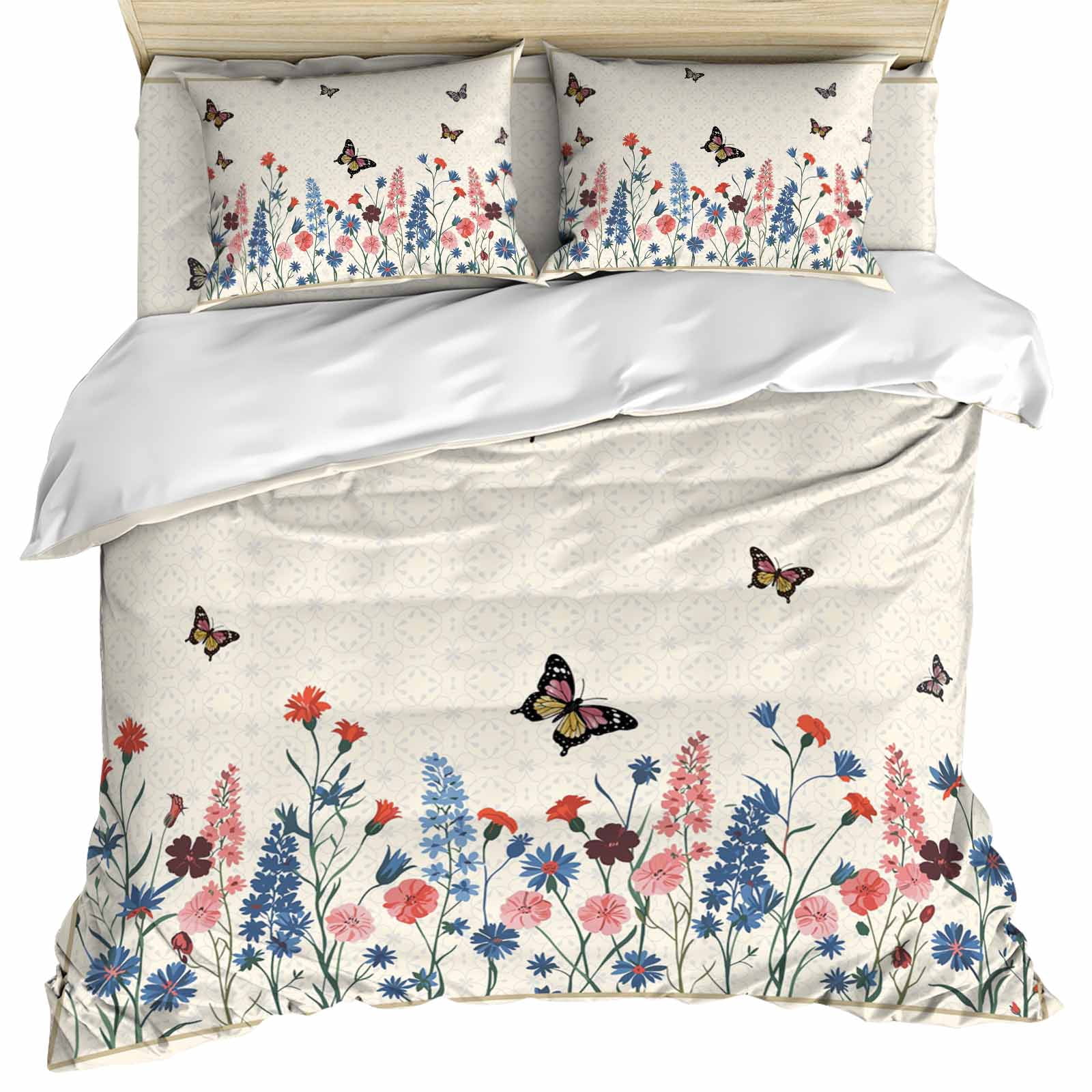 Beige Spring Floral Butterfly Set of 4 Bedding Quilt Covers, Farmhouse ...