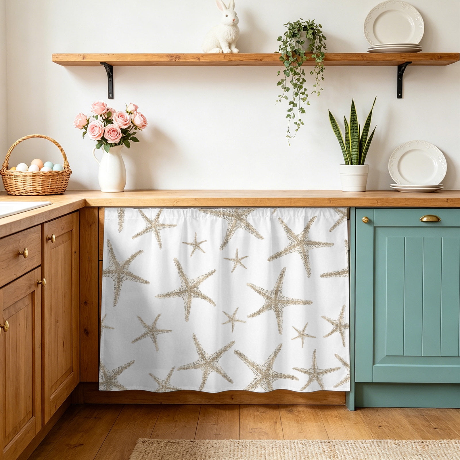 Beige Starfish Cabinet Curtains 28" W x 35" L Summer Coastal Beach ...