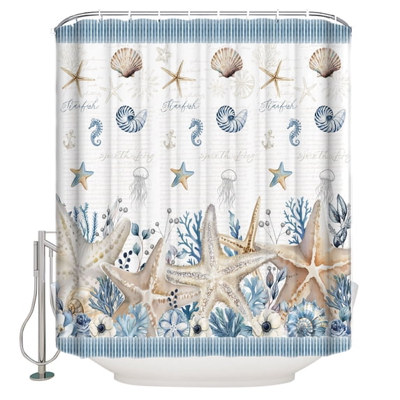 Beige Starfish Coastal Bathroom Shower Curtains with 12 Hooks ...
