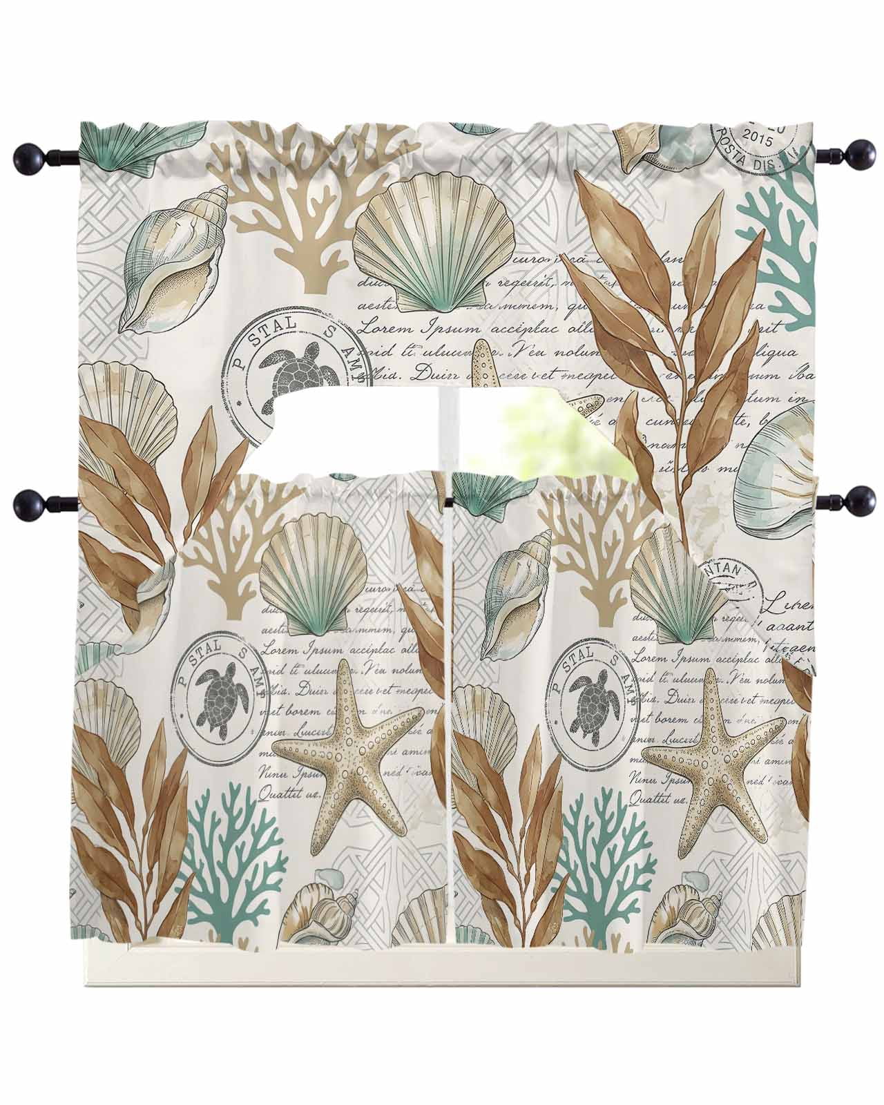Beige Starfish Coastal Kitchen Curtains Sets 24 Inch Length with ...