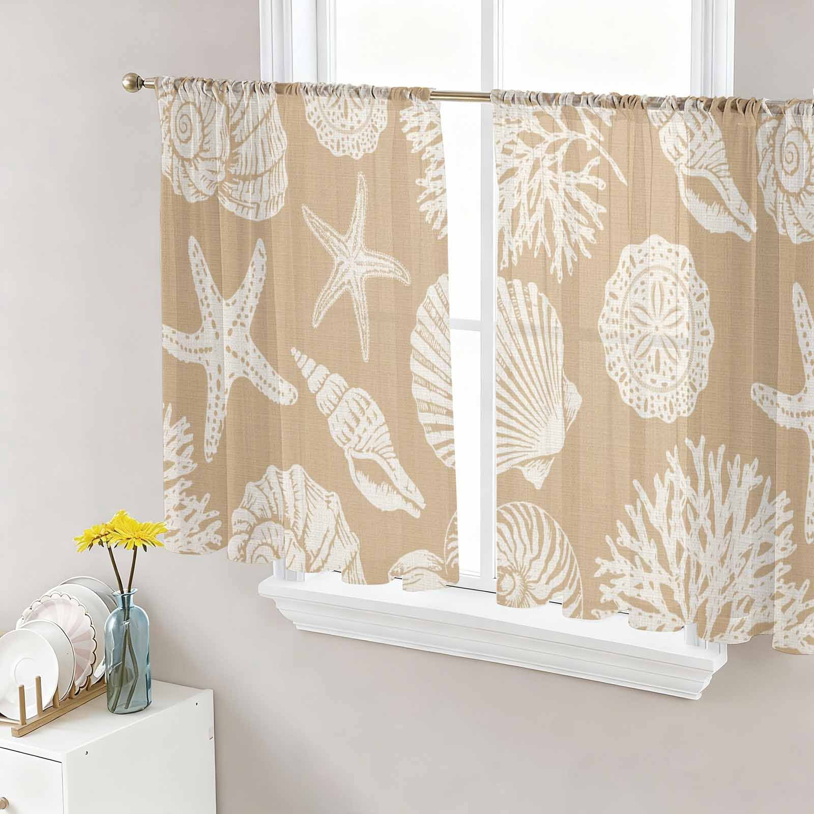 Beige Starfish Coastal Sheer Curtains 54 Inch Length 2 Panels Set ...