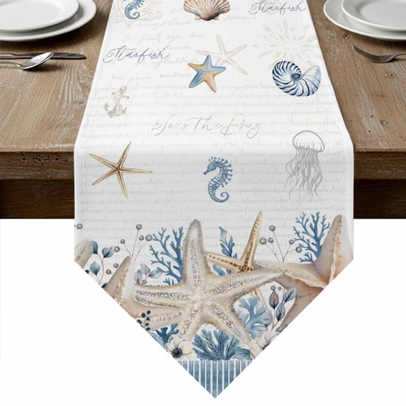 Beige Starfish Coastal Table Runner Linen Burlap Table Runner 90 Inches ...