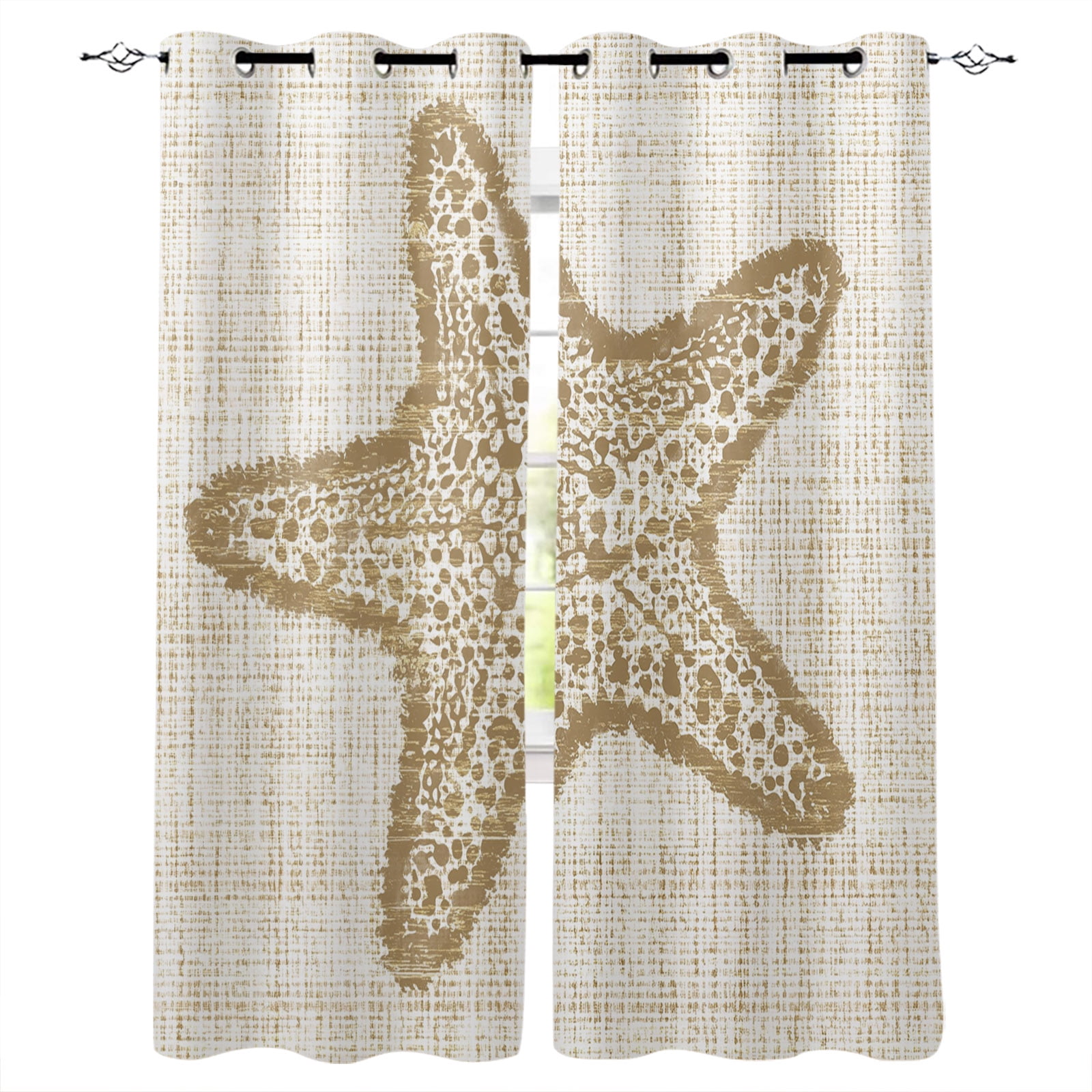 Beige Starfish Kitchen Curtains Vintage Gray Farmhouse Coastal Summer ...