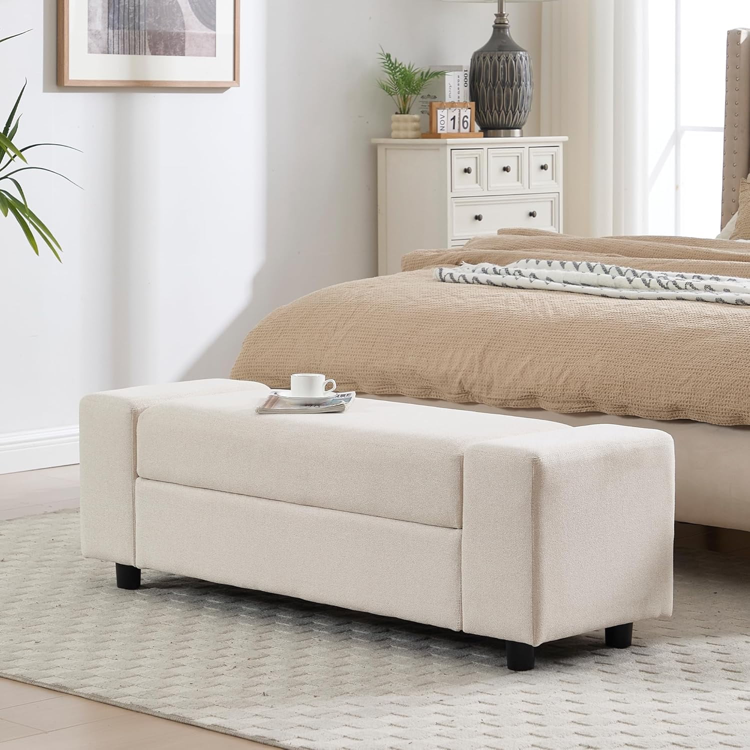 Beige Storage Bench for Entryway, 55" Bedroom Ottoman with Storage ...