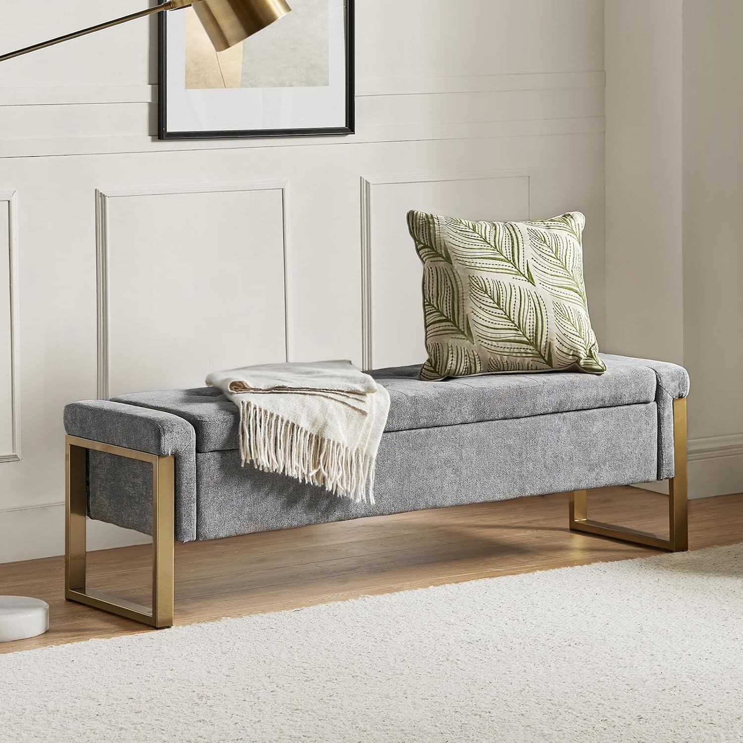 Beige Storage Ottoman Bench with Metal Legs 55-inches Extra Long Accent ...