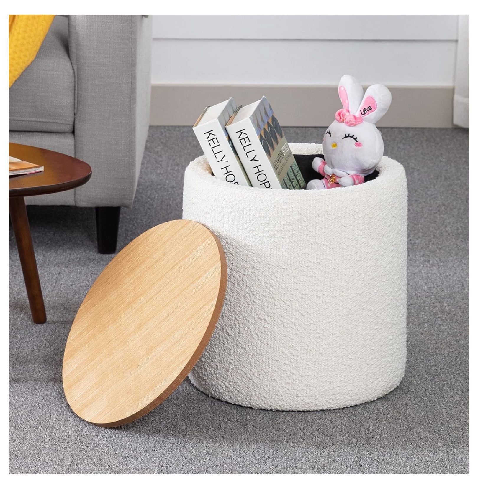 Beige Storage Ottoman with Wooden Lid, Tufted Boucle Fabric, Round Side ...