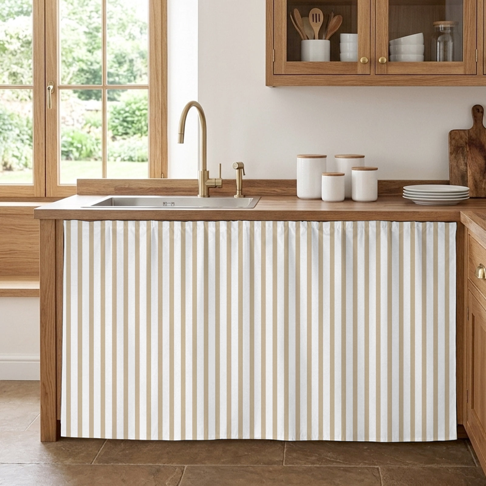 Beige Stripe Cabinet Curtains for Kitchen 32"W x 55"L, Modern ...