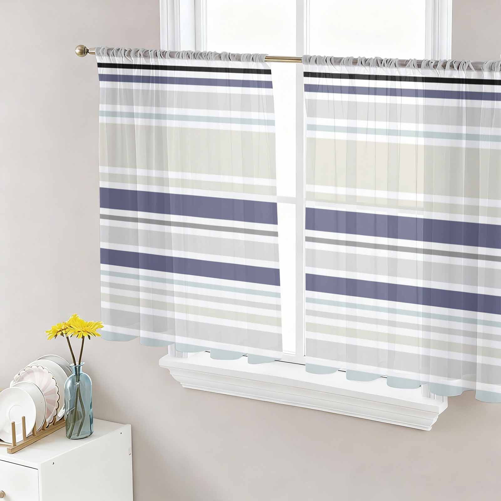 Beige Stripe Semi Sheer Curtains 54 Inch Length 2 Panels Set, Modern ...