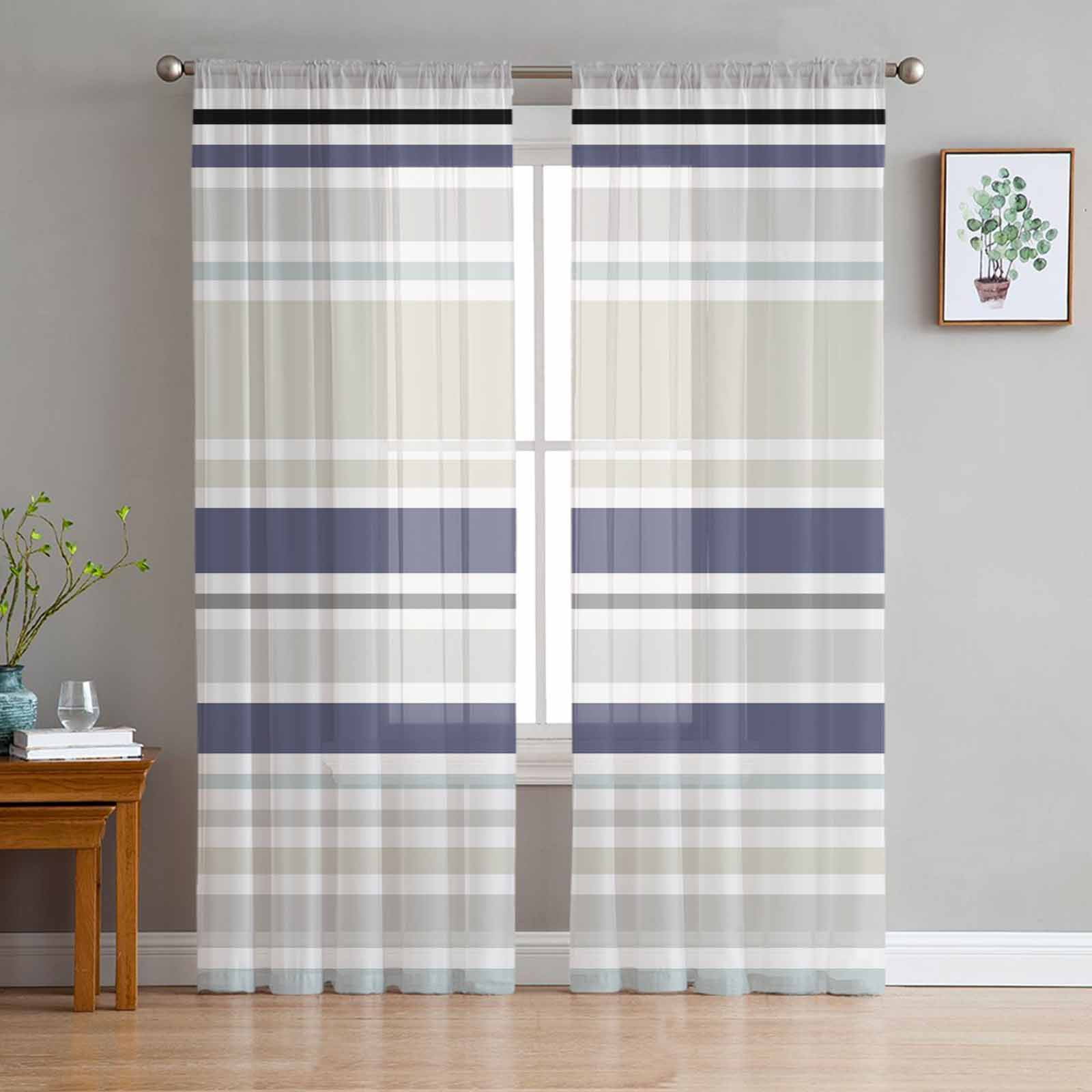 Beige Stripe Sheer Curtains 84 Inch Length 2 Panels Set for Living Room ...