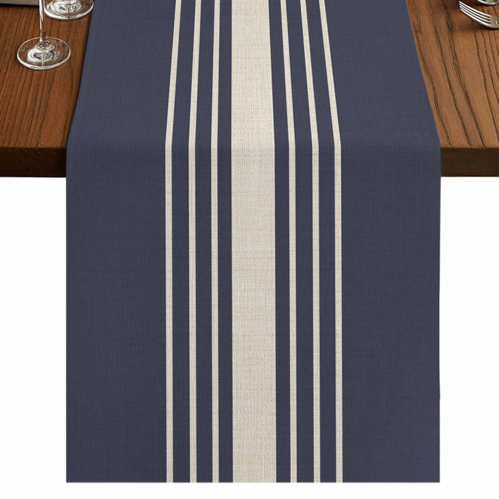 Beige Striped 60 Inch Table Runner, Midnight Blue Geometric Simple ...