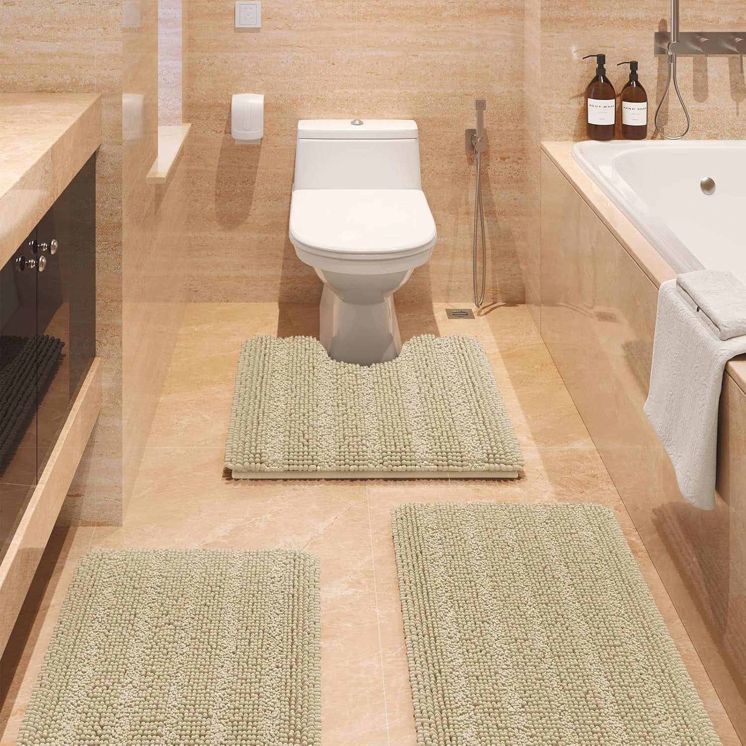 Beige Striped Bathroom Rug Set 3 Pieces Ultra Soft Non Slip Chenille ...