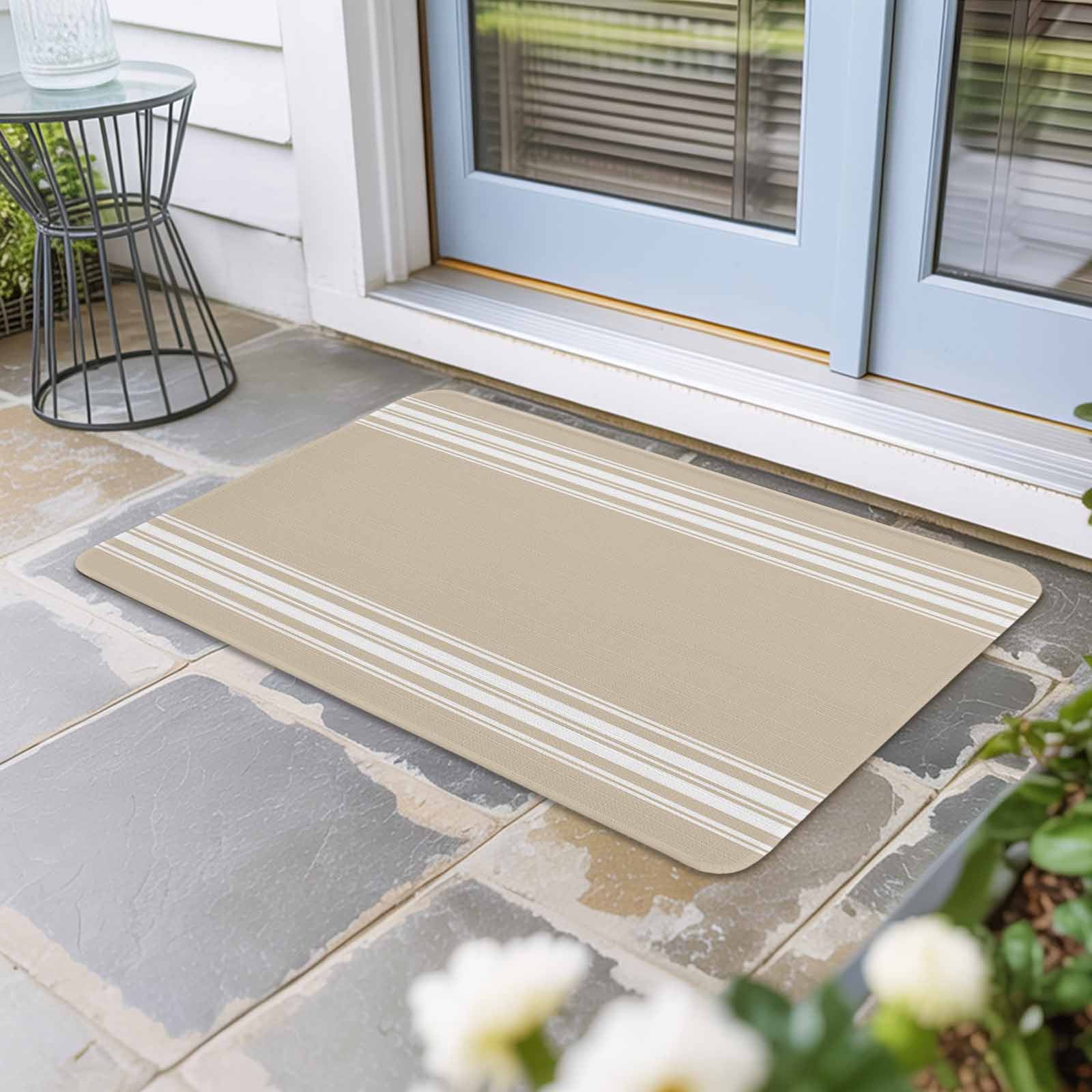Beige Striped Door Mat Indoor Outdoor,Farmhouse Luxurious White Stripes ...