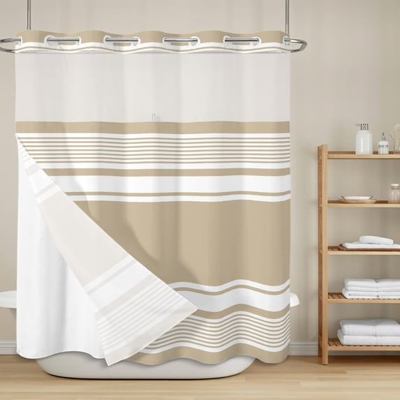 Beige Striped No Hook Shower Curtain with Snap in Liner, Modern ...