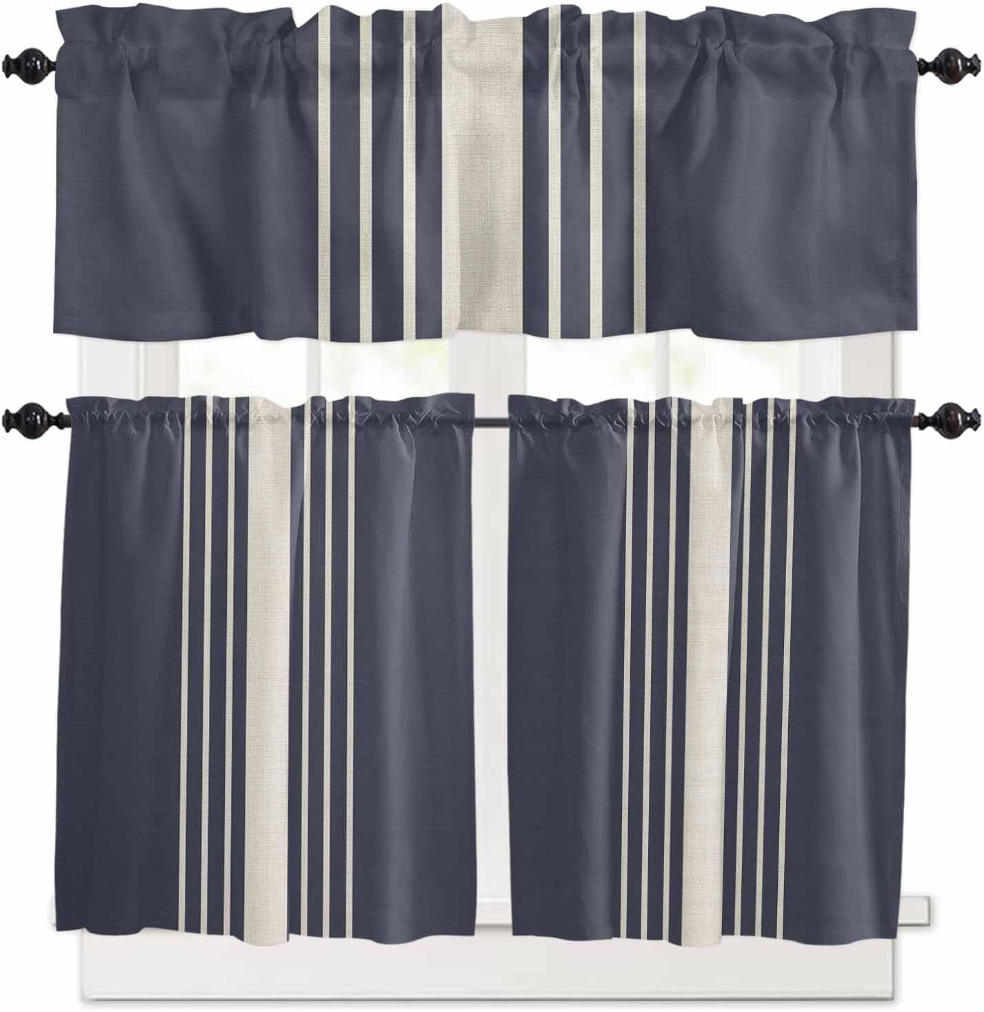 Beige Striped Kitchen Curtains, Midnight Blue Geometric Simple Retro 3 ...