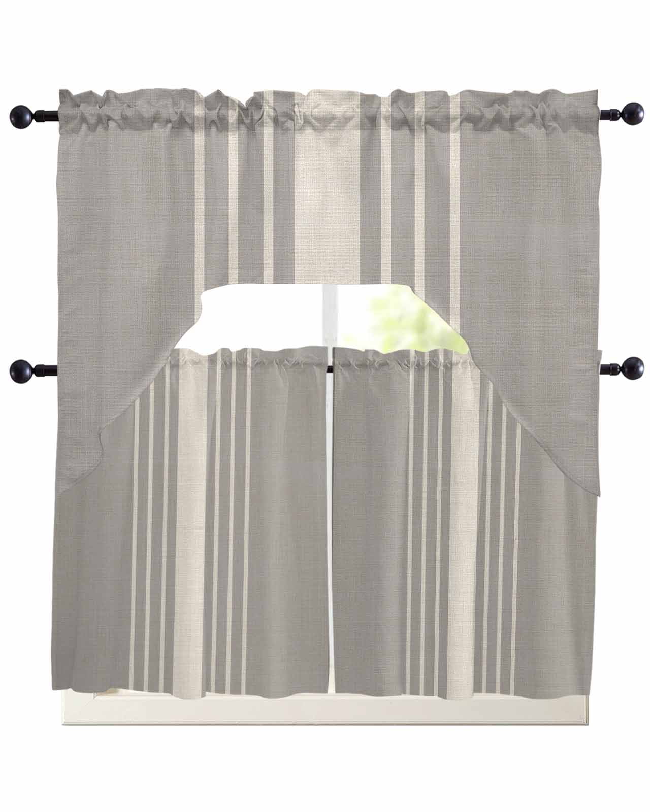 Beige Striped Kitchen Curtains Sets 36 Inch Length with Valance, Grey ...