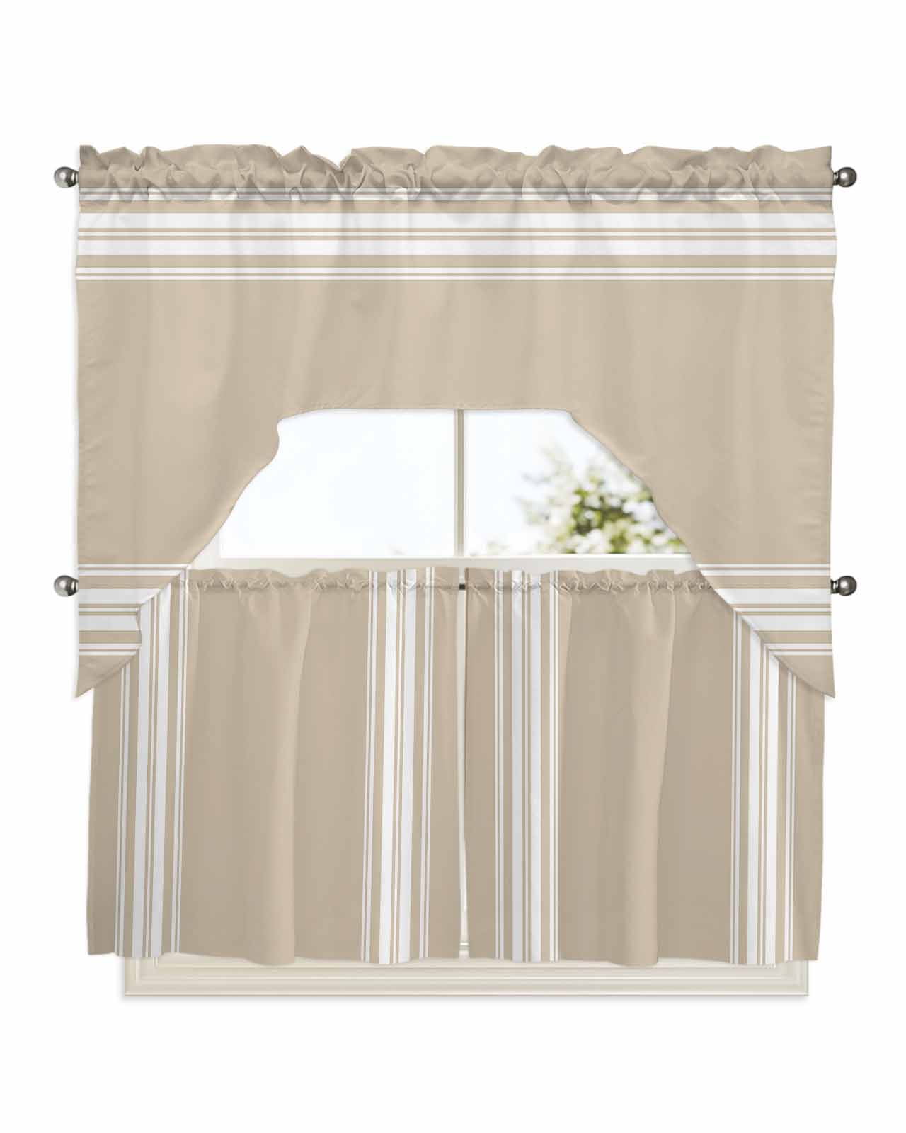 Beige Striped Kitchen Curtains Swag Valance and Tier Curtains Set 24 ...