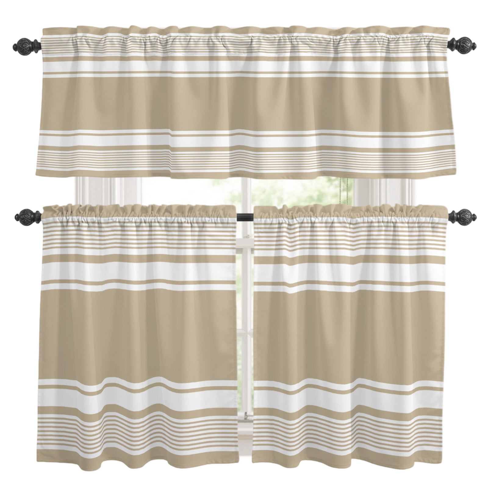 Beige Striped Kitchen Curtains and Valances Set, Modern Farmhouse ...