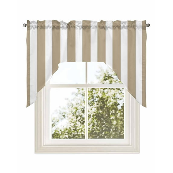 Beige Striped Kitchen Swag Valance for Window, Rod Pocket Short Kitchen ...