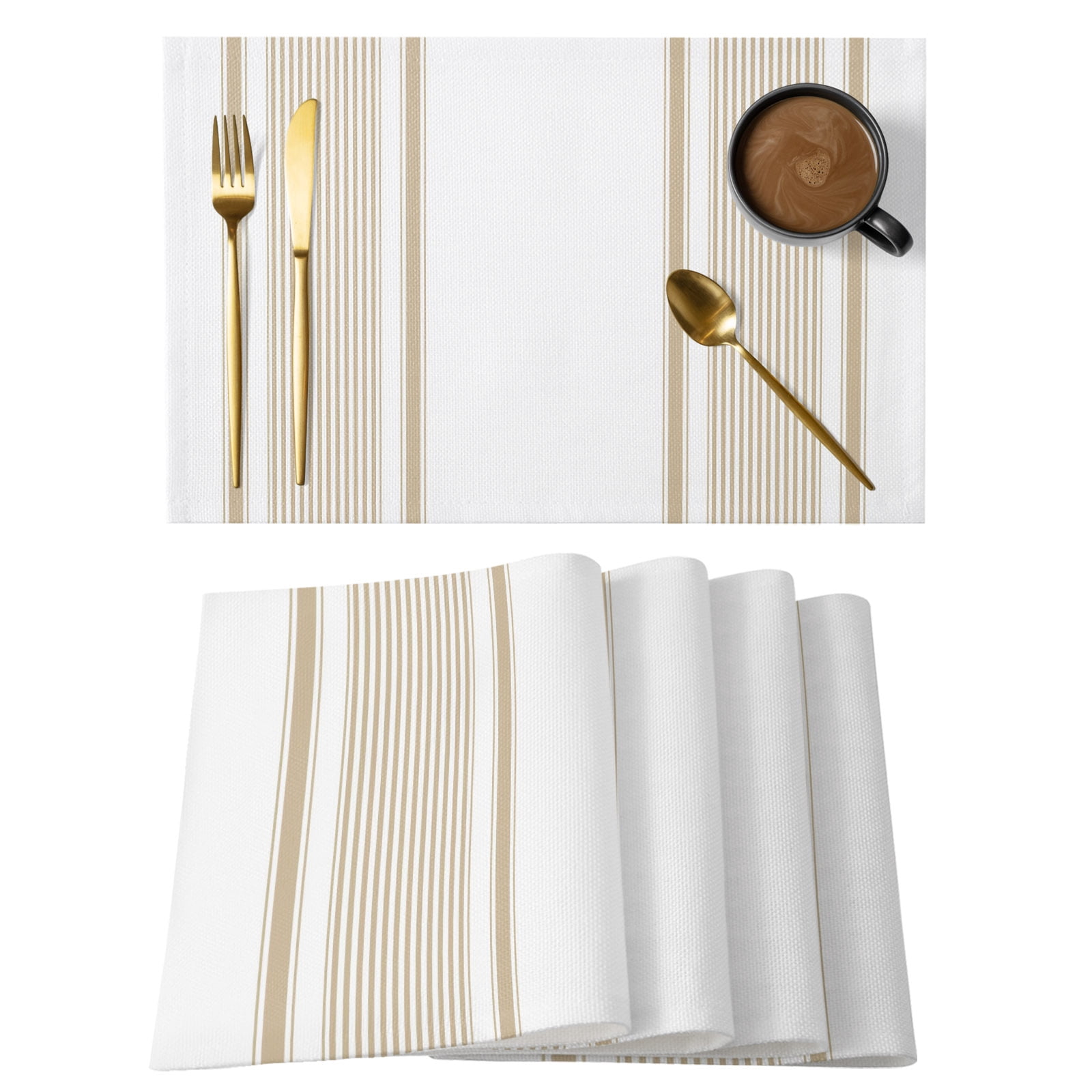 Beige Striped Placemats Set of 6 Farmhouse Thin Vertical Stripes Place ...