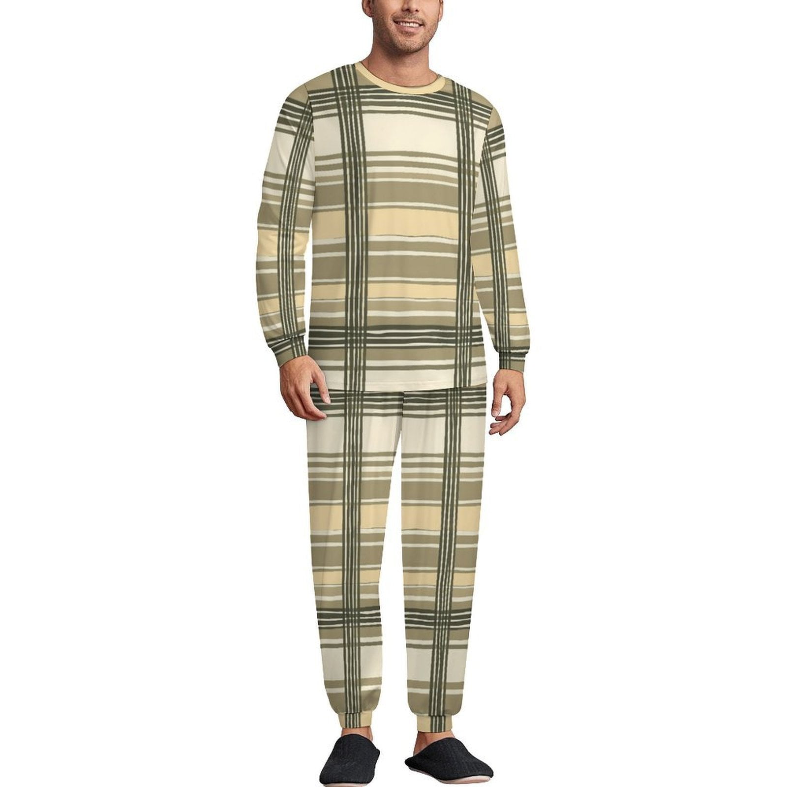 Beige Striped Plaid Pajamas Men Long Sleeves Pajama Sets 2 Pieces ...