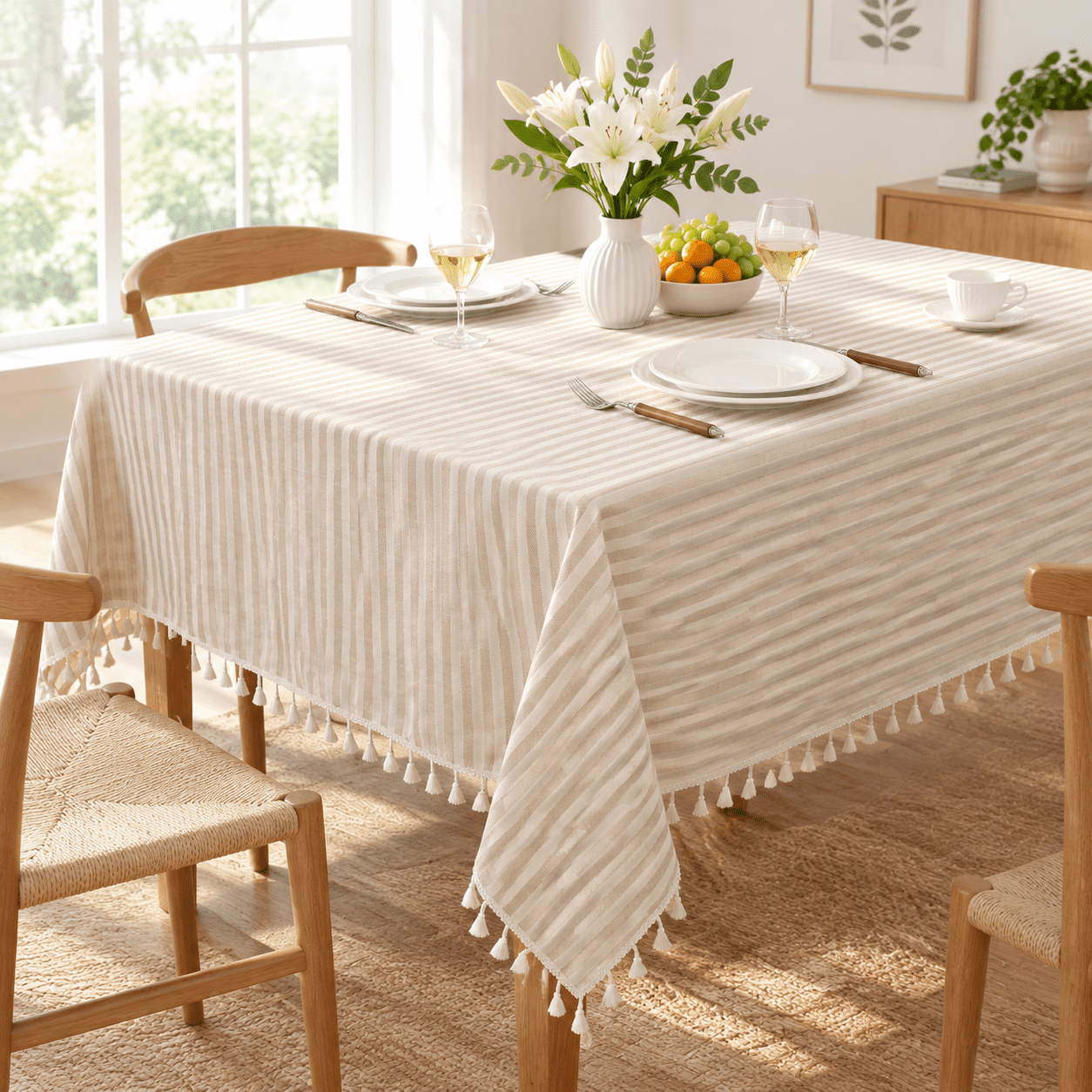 Beige Striped Rectangle Tablecloth With Tassels 55x90 Inch - Walmart.com