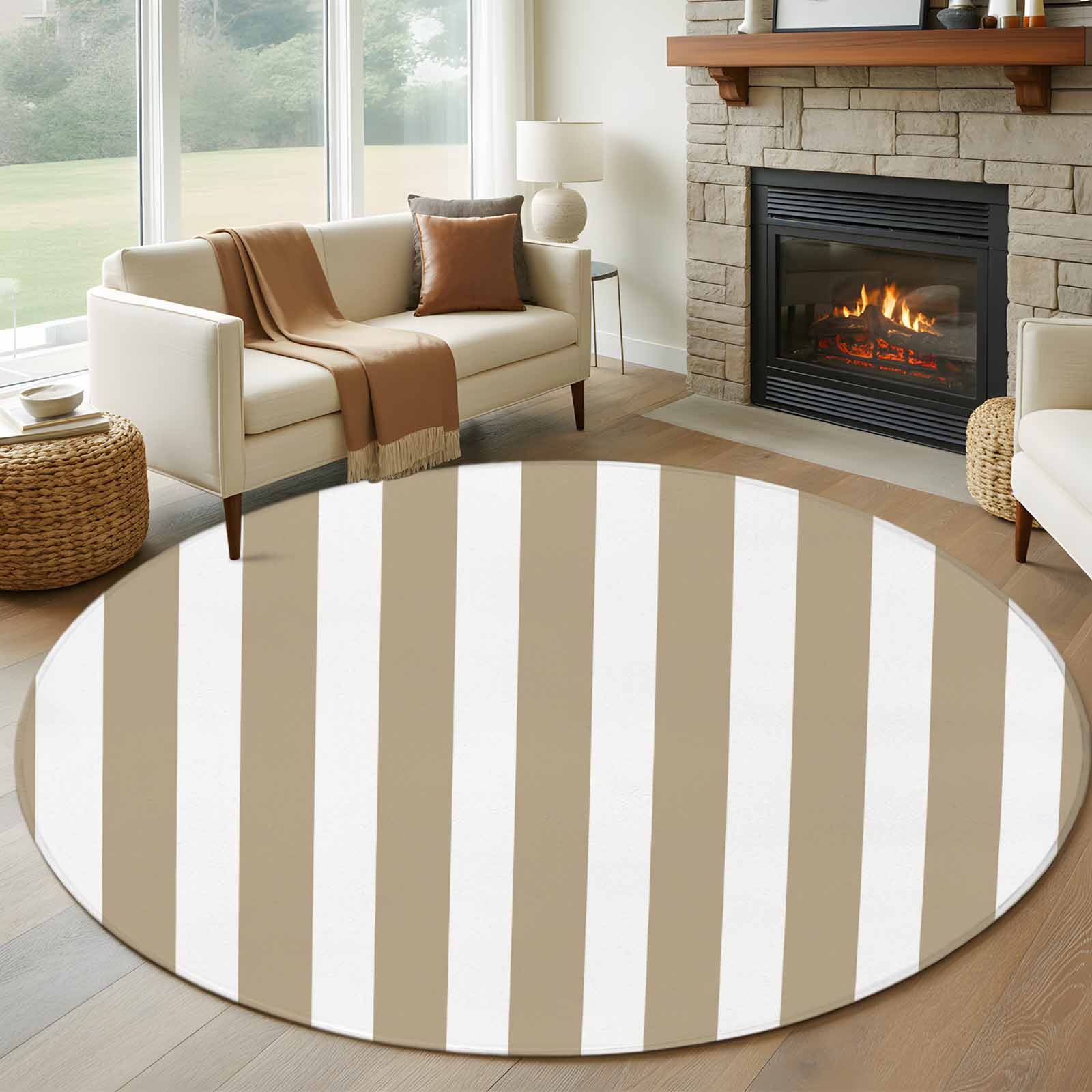 Beige Striped Round Area Rug 6 FT, Non Slip Bedroom Area Rug, Modern ...