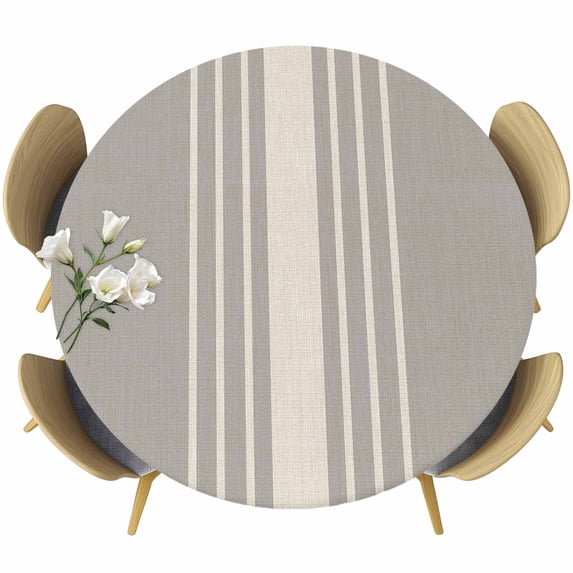 Beige Striped Round Tablecloth, Fitted Table Cover with Elastic for 36 ...