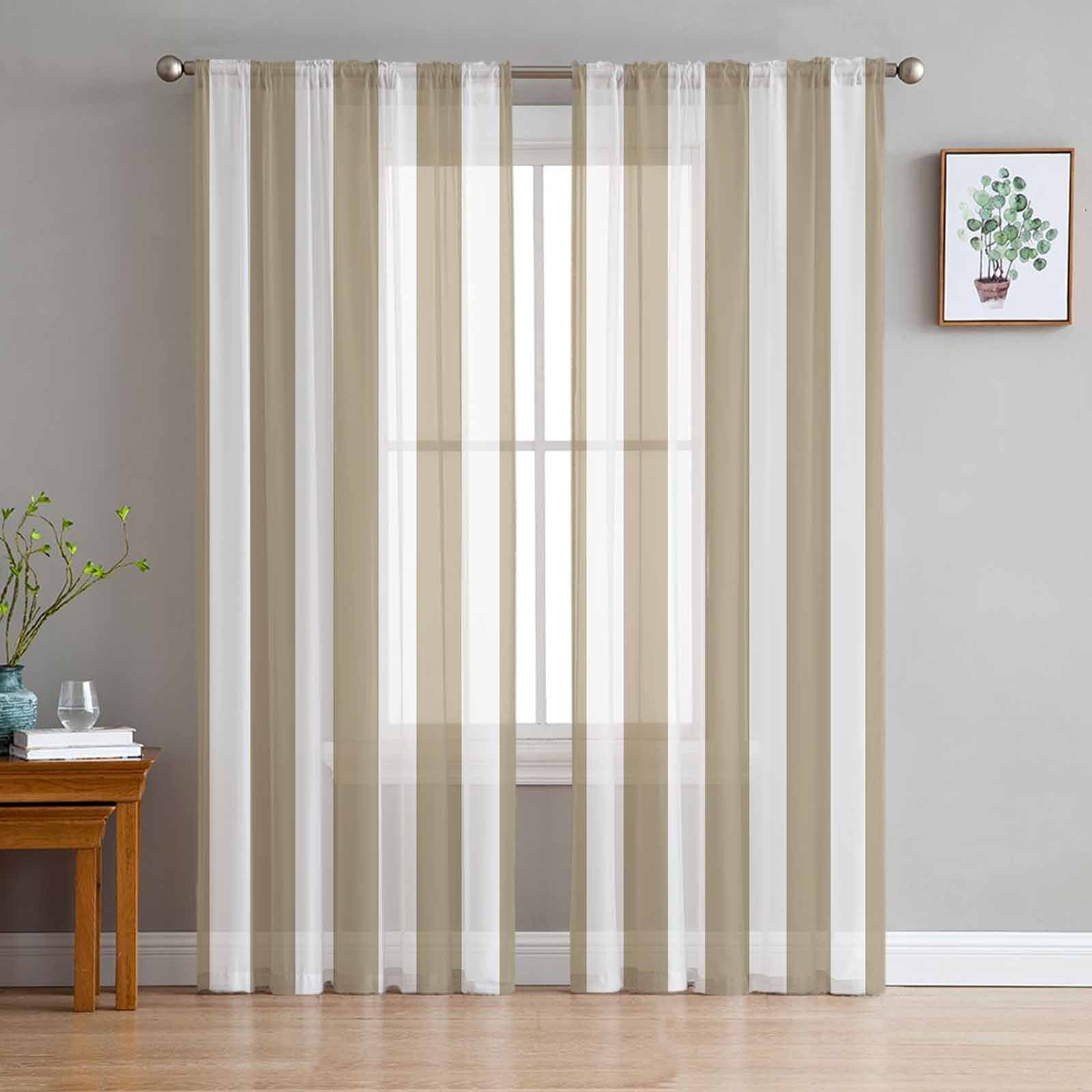 Beige Striped Sheer Curtains 84 Inch Length 2 Panels Set for Living ...
