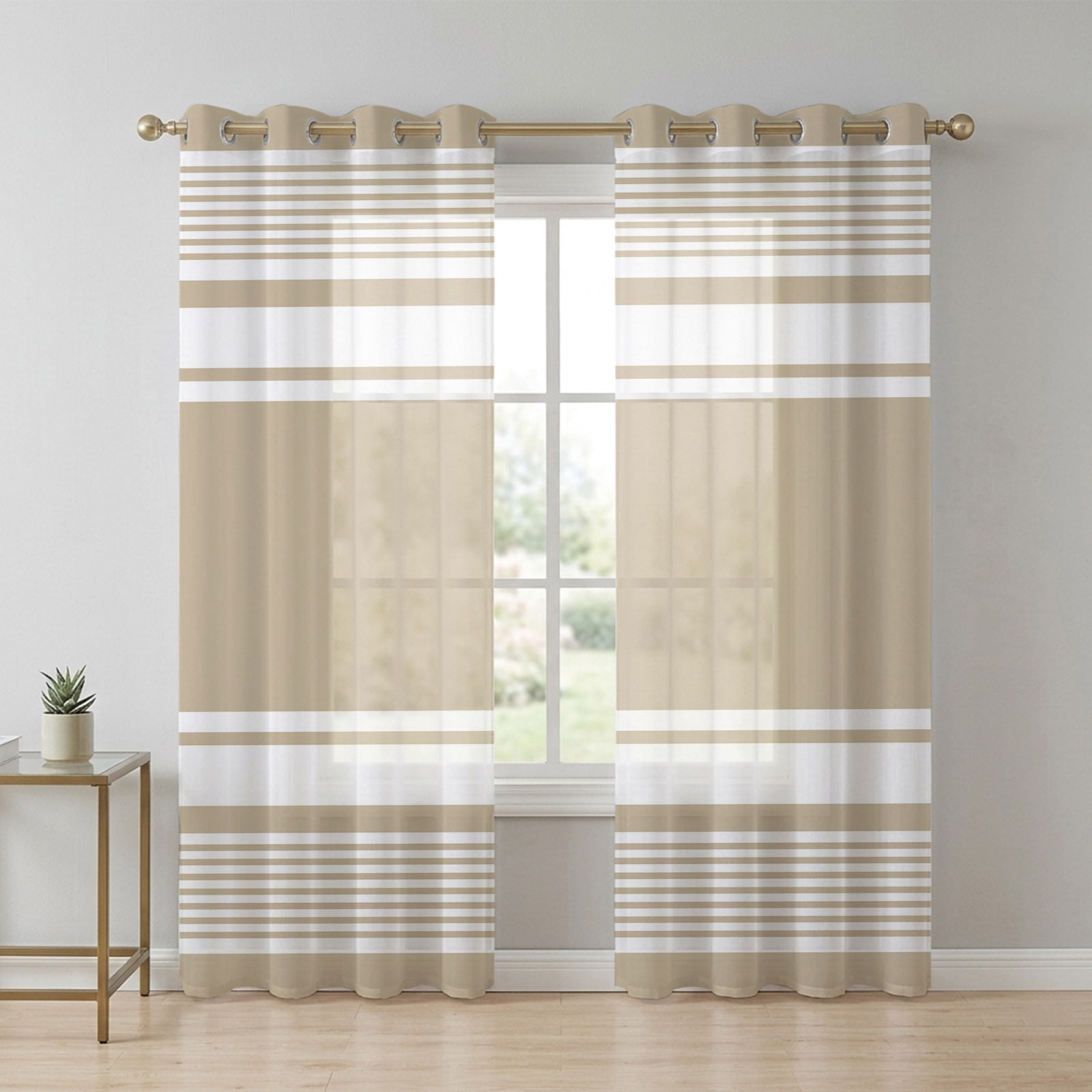 Beige Striped Sheer Curtains 90 Inch Long 2 Panels, Modern Farmhouse ...