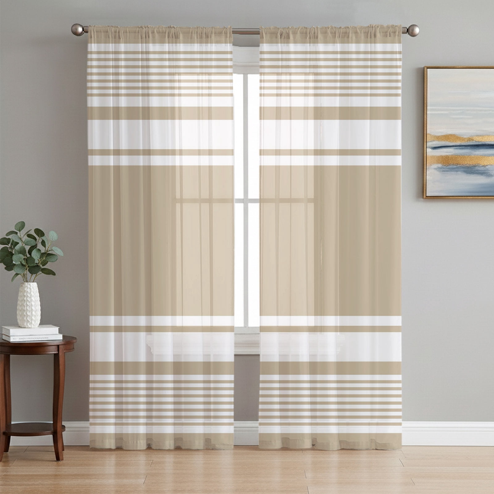 Beige Striped Sheer Curtains for Living Room Bedroom, Modern Farmhouse ...