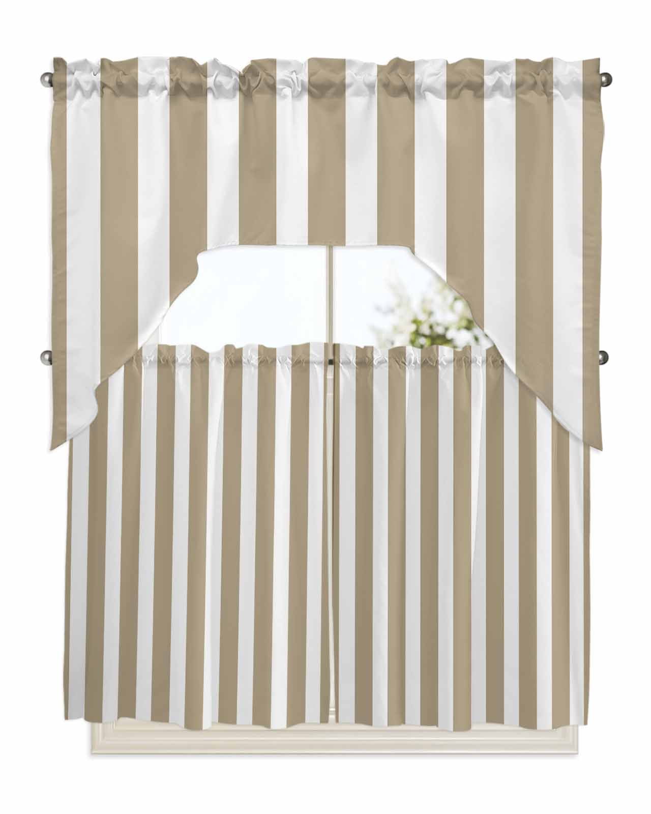 Beige Striped Swag Valance and Tier Curtains 36'' Length Set, Modern ...