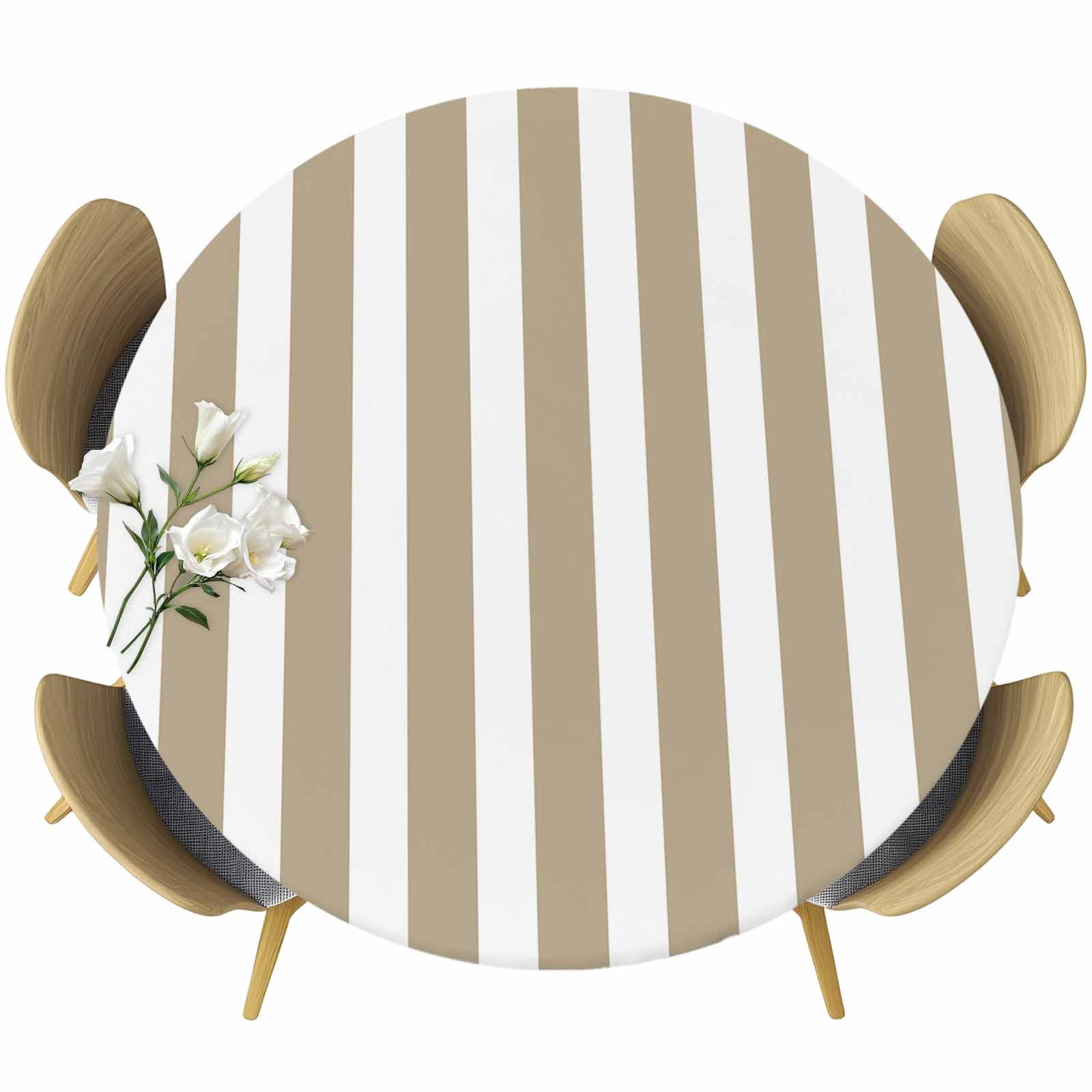 Beige Striped Table Cloth, Round Fitted Tablecloths with Elastic Edge ...