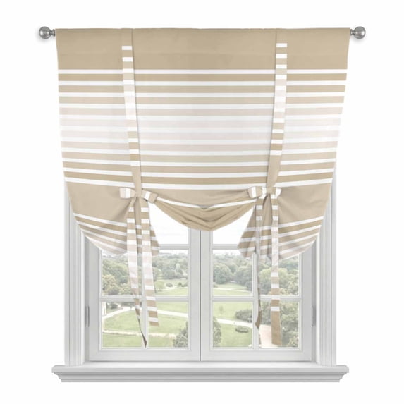 Beige Striped Tie Up Curtains for Kitchen Windows,Adjustable Rod Pocket ...