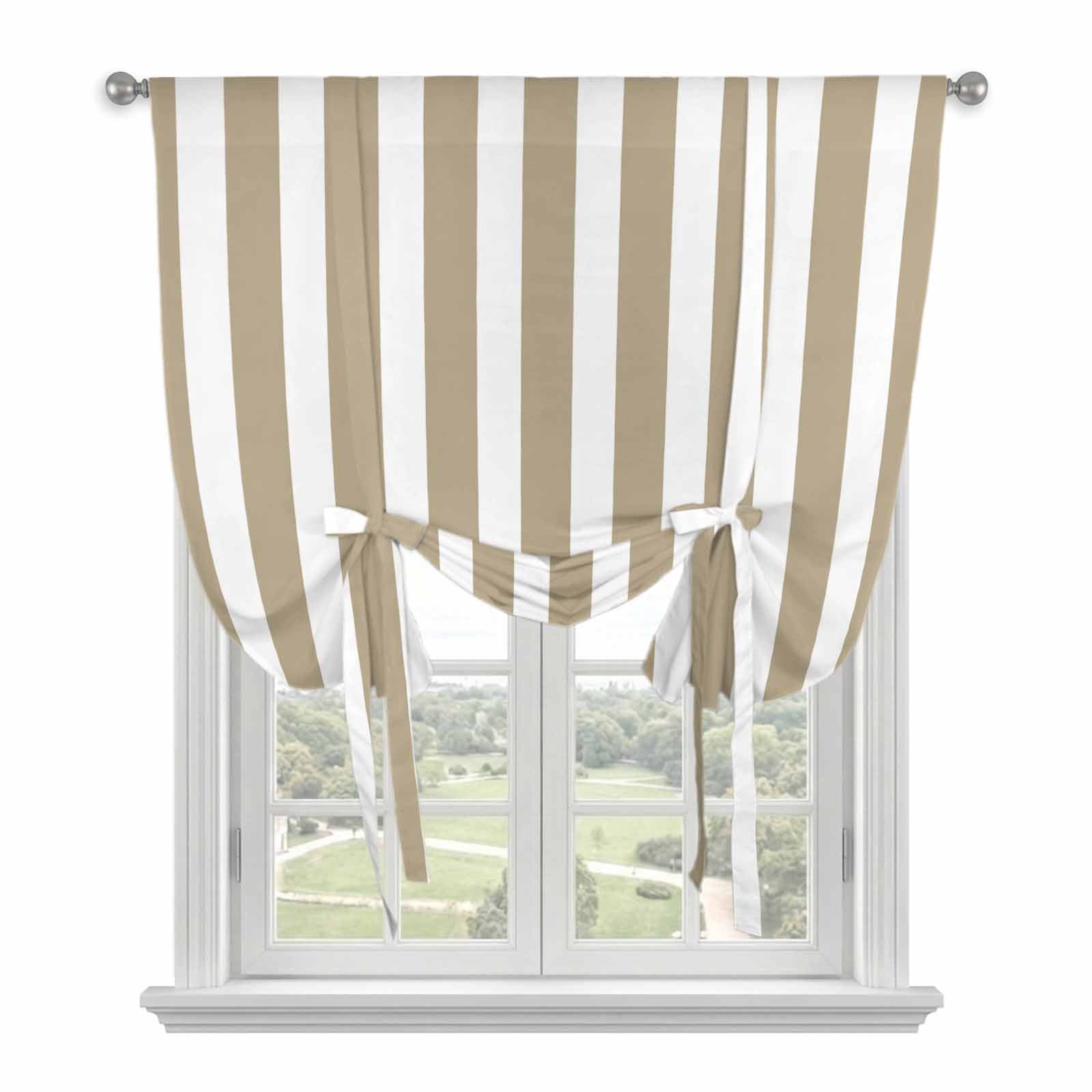 Beige Striped Tie Up Curtains for Windows, Adjustable Rod Pocket ...
