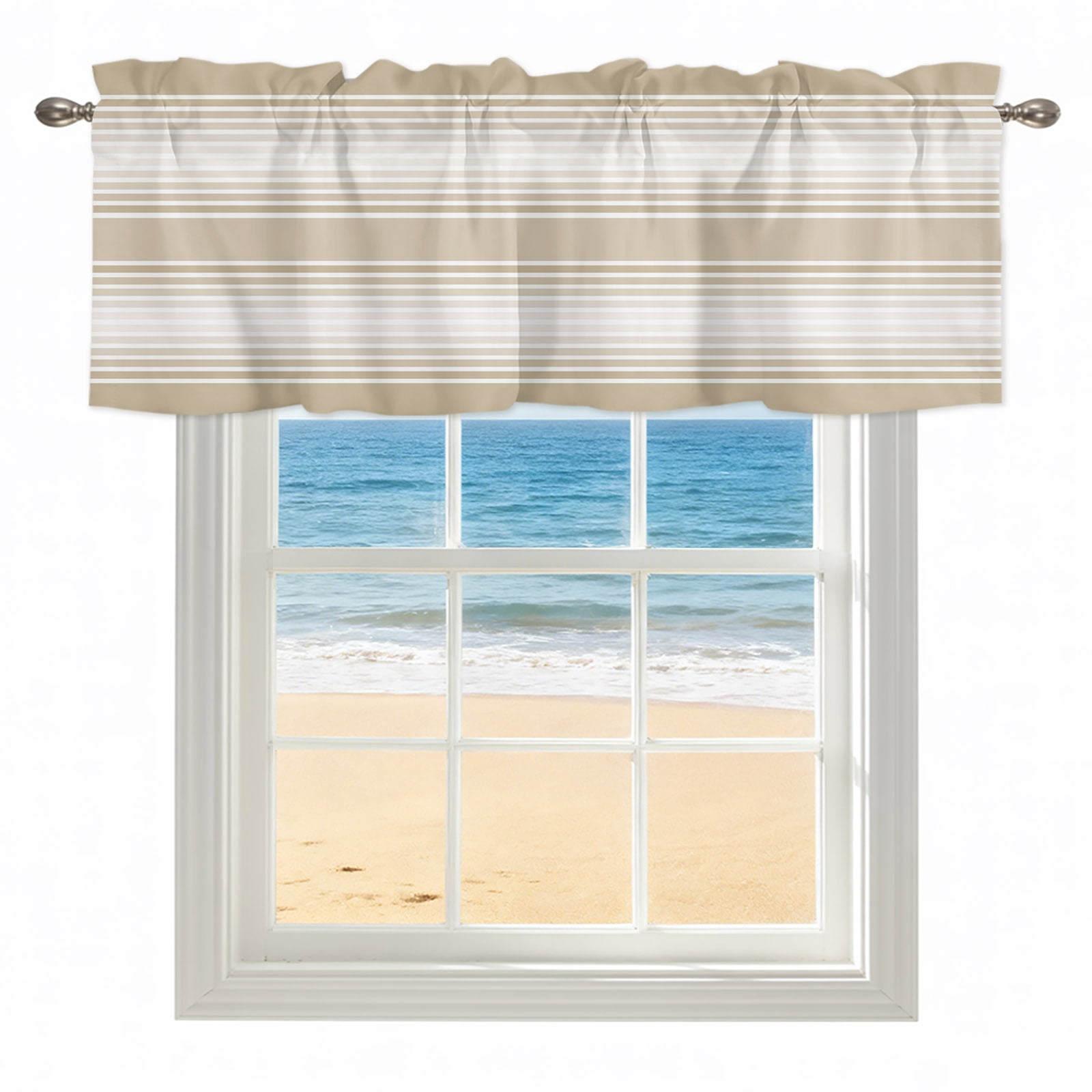 Beige Striped Valances for Windows, Rod Pocket Kitchen Valance Curtains ...
