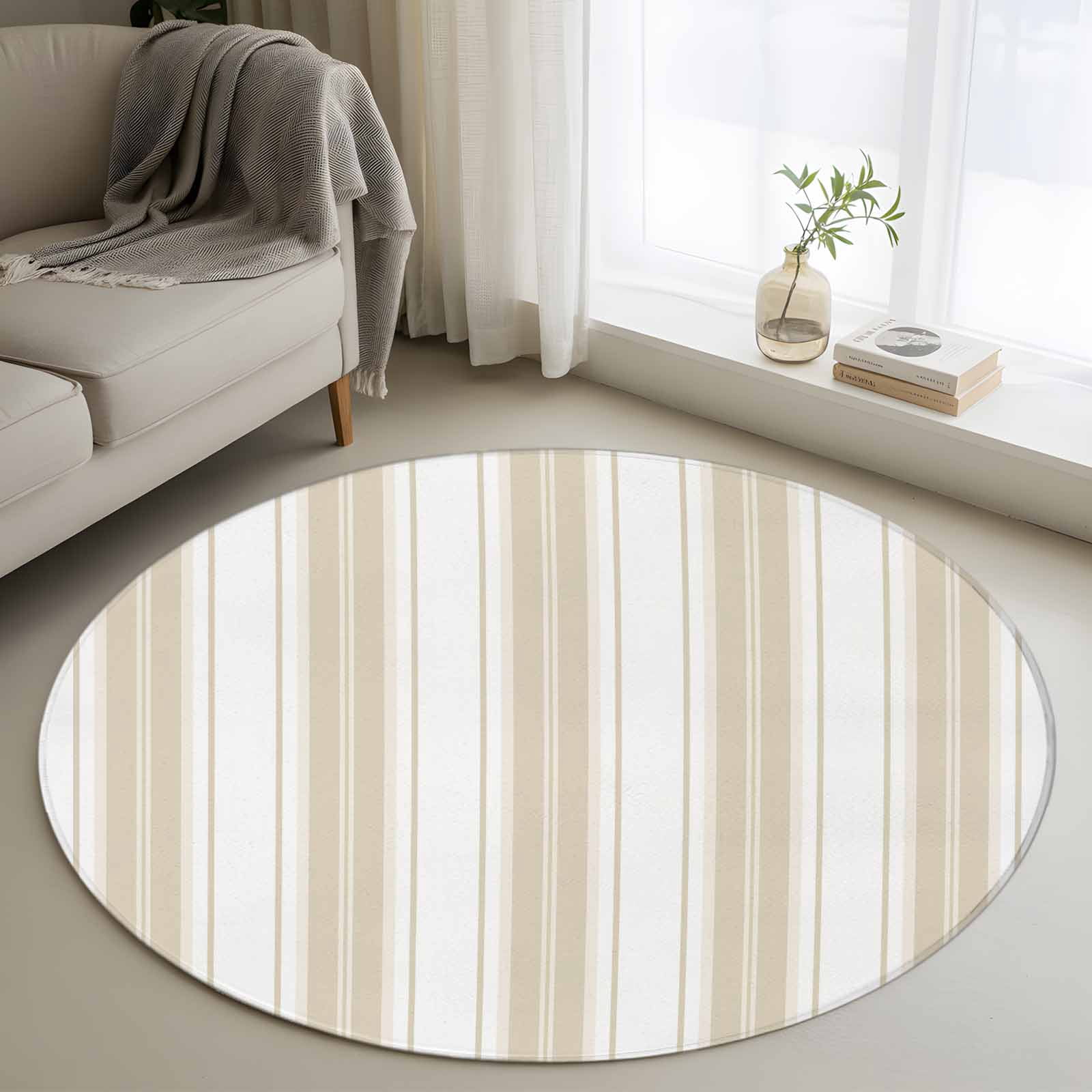 Beige Stripes 4FT Round Area Rugs Farmhouse Minimalist Striped Vintage ...