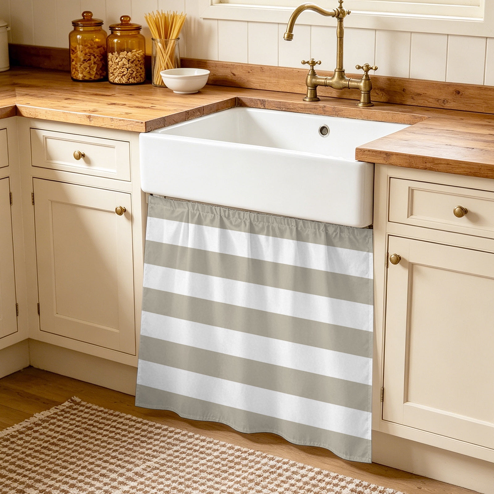 Beige Stripes Cabinet Curtains 35"W x 35"L, Simple Beige White Texture ...