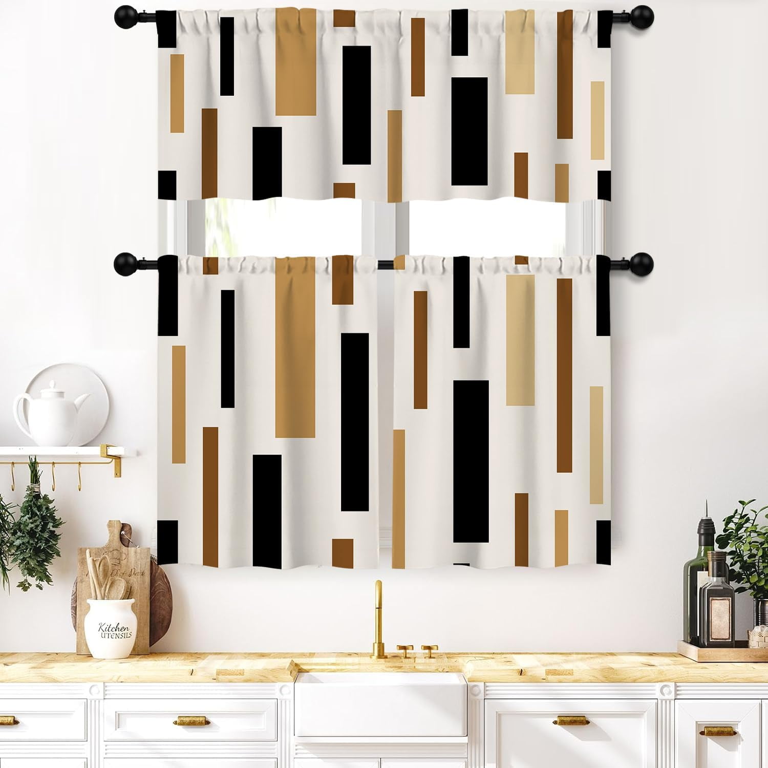 Beige Stripes Kitchen Curtains Sets for Windows Abstract Rod Pocket ...