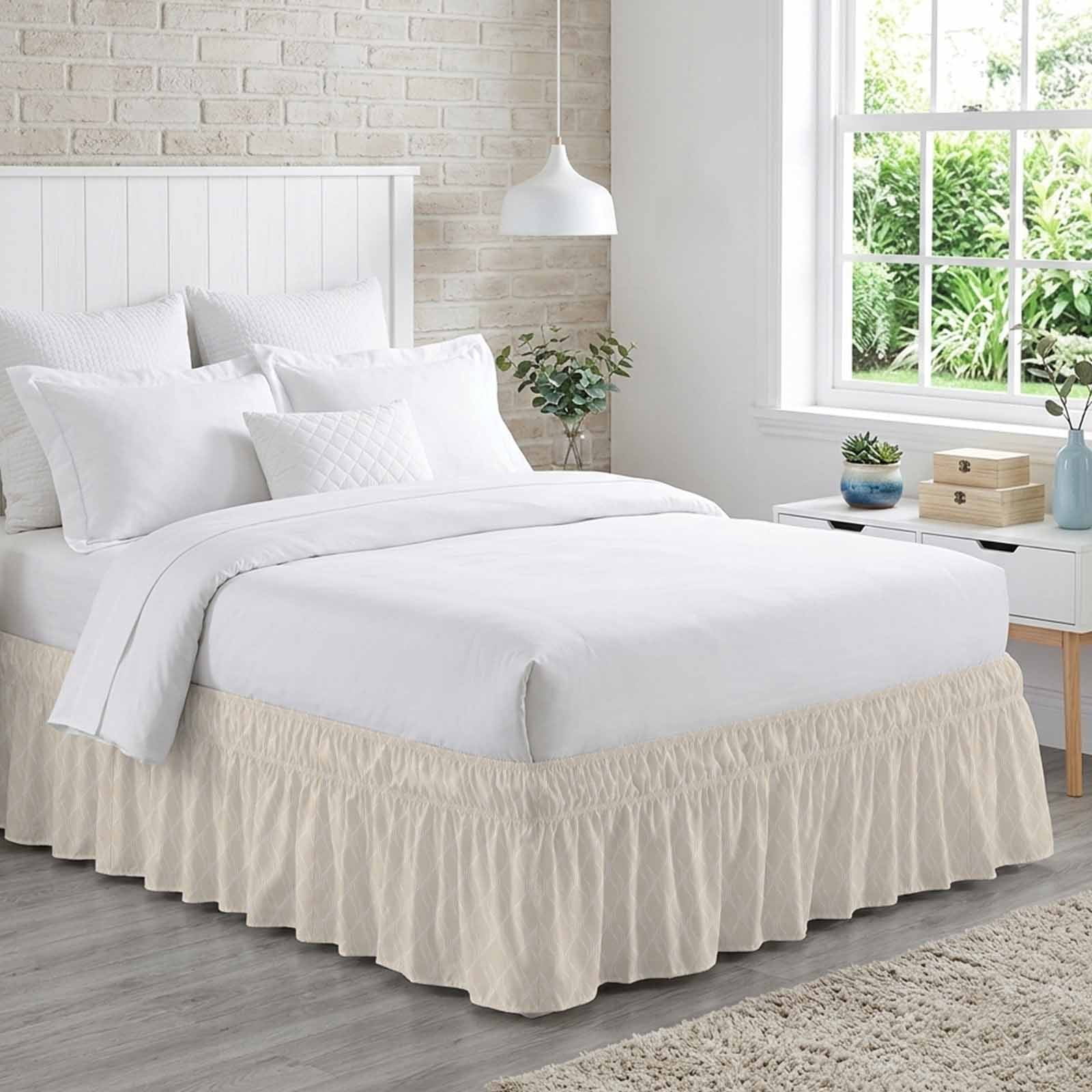 Beige Stripes Line Bed Skirt Queen Size 16 Inch Drop, Country Abstract ...