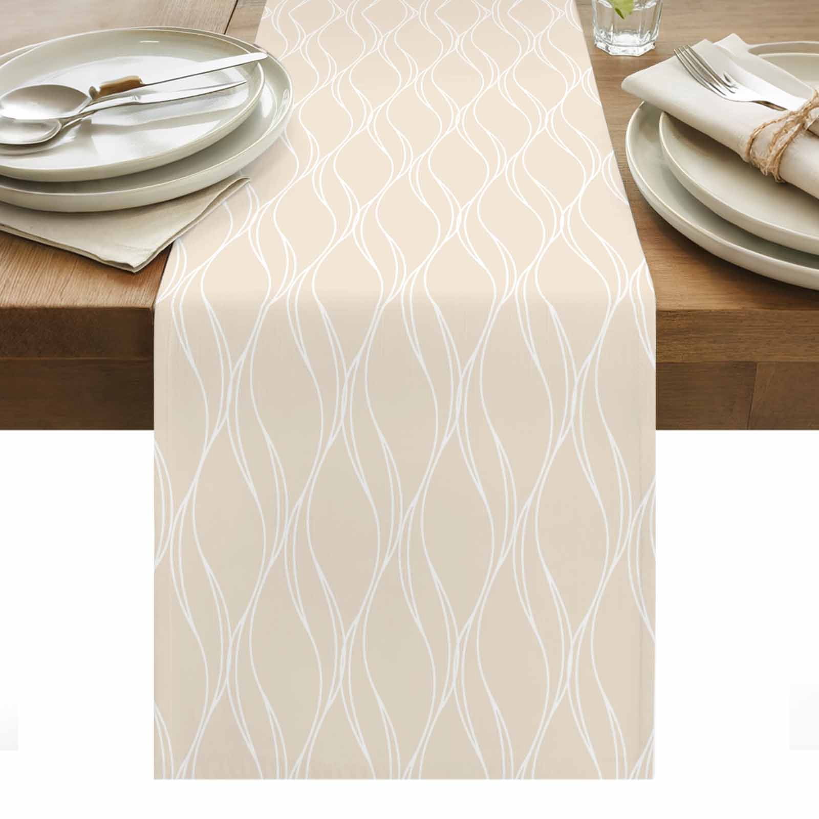 Beige Stripes Line Cotton Linen Table Runner Country Abstract Art Waves ...