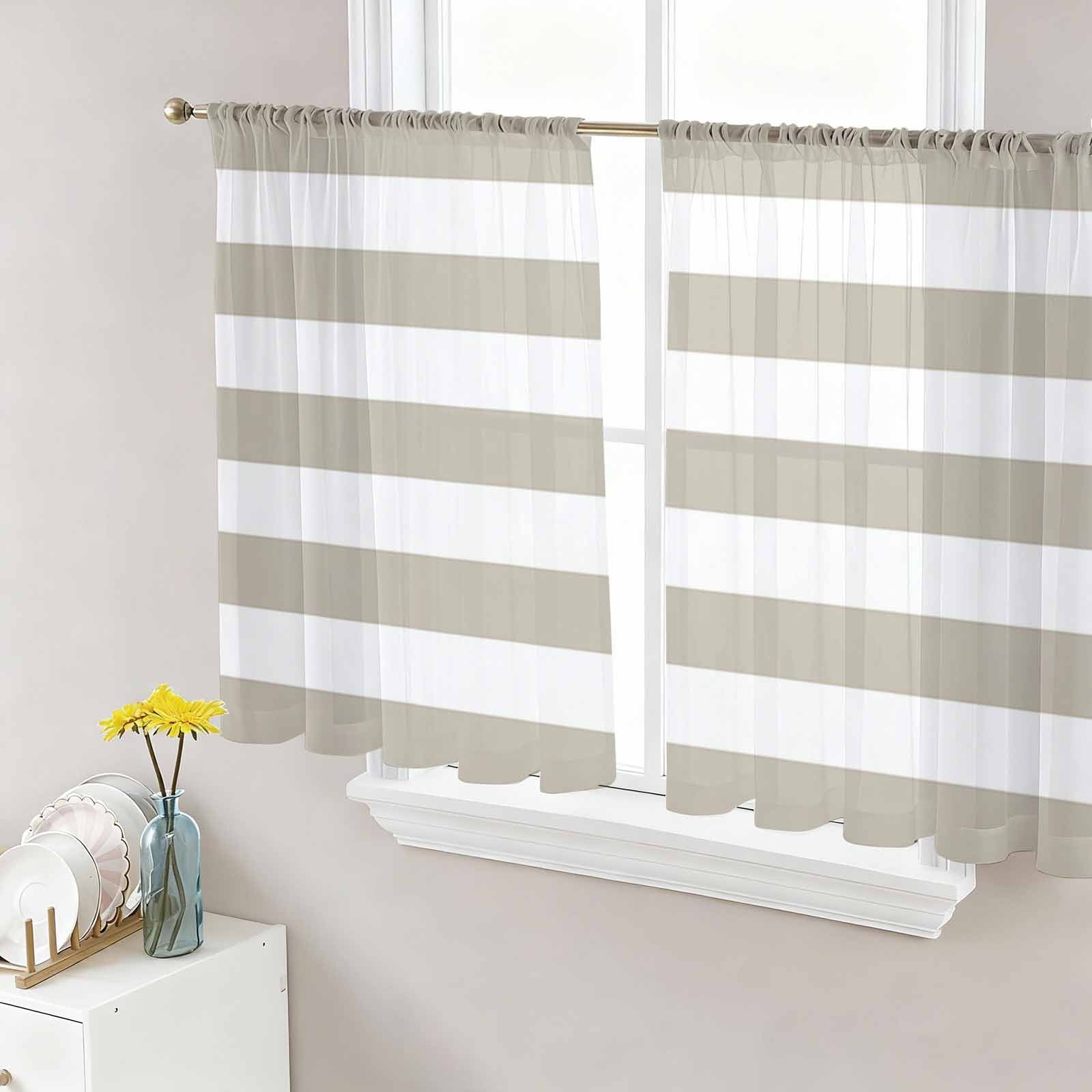 Beige Stripes Semi Sheer Curtains 54 Inch Length 2 Panels Set, Simple ...