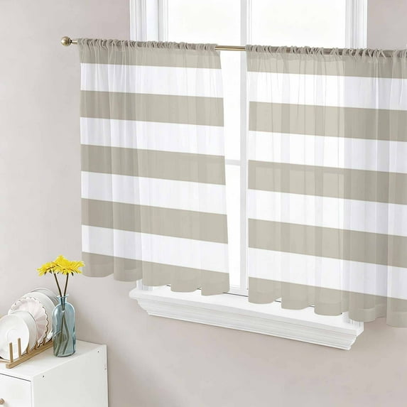Beige Stripes Semi Sheer Curtains 54 Inch Length 2 Panels Set, Simple ...