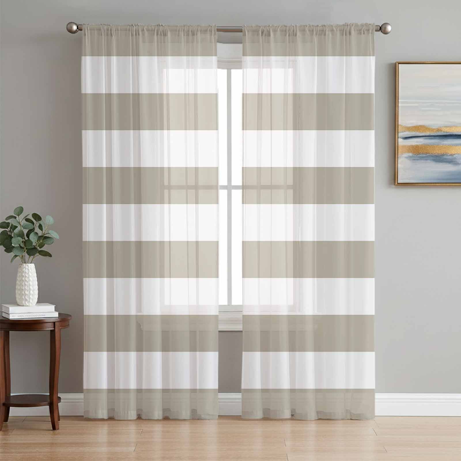 Beige Stripes Semi Sheer Curtains 72 Inch Length 2 Panels Set, Simple ...