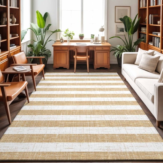 Beige Stripes Washable Area Rug 8 x 10 ft Modern Abstract Linens ...