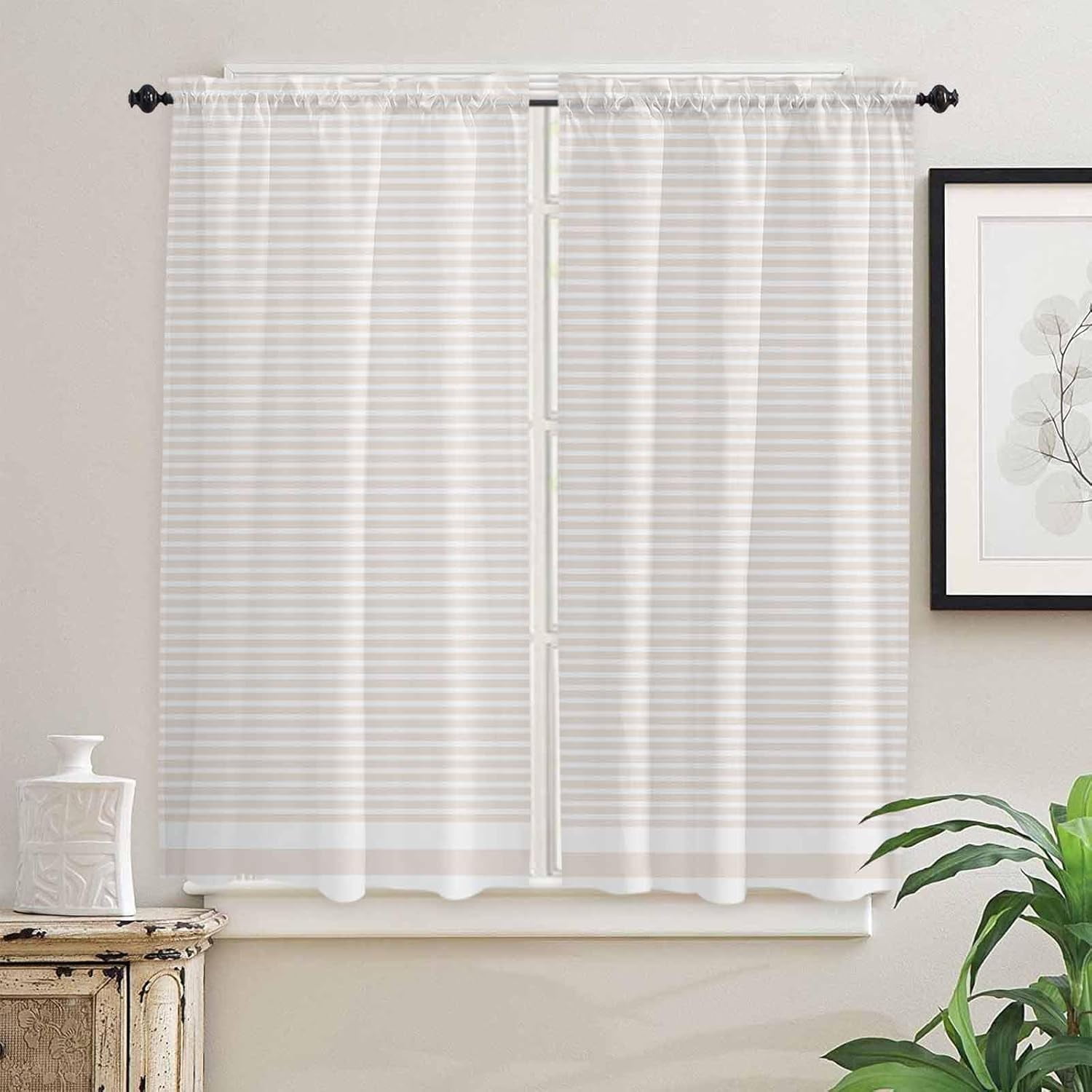 Beige Stripes Window Curtains 63 Inch Length, Modern Art Rustic Cream ...