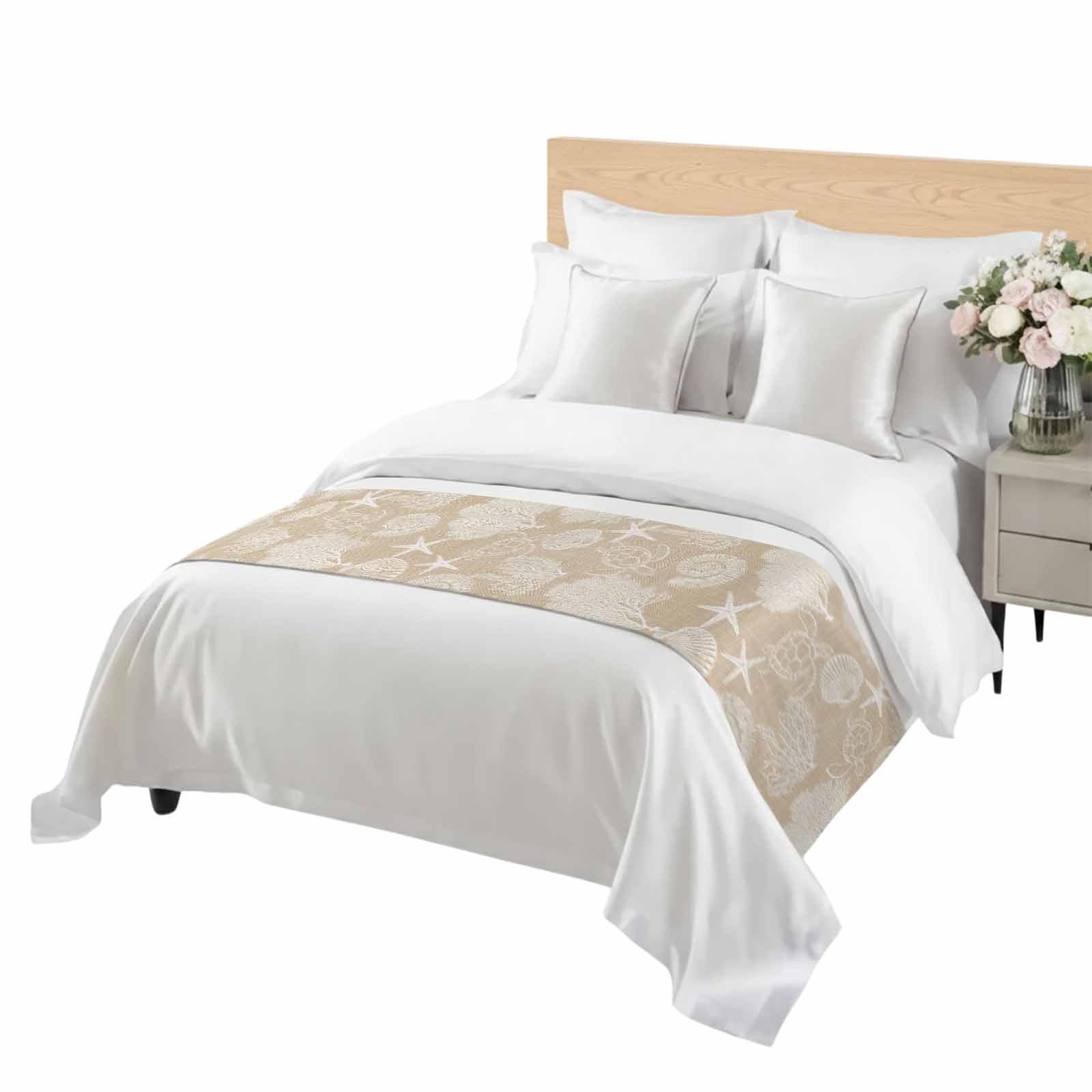 Beige Summer Bed Runner King Size Sea Turtle Starfish Coral Ocean Retro ...