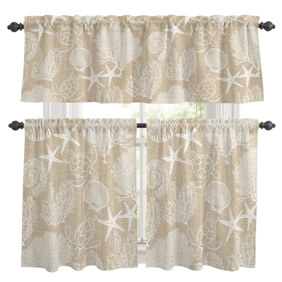 Beige Summer Kitchen Curtains Set for Windows, Sea Turtle Starfish ...